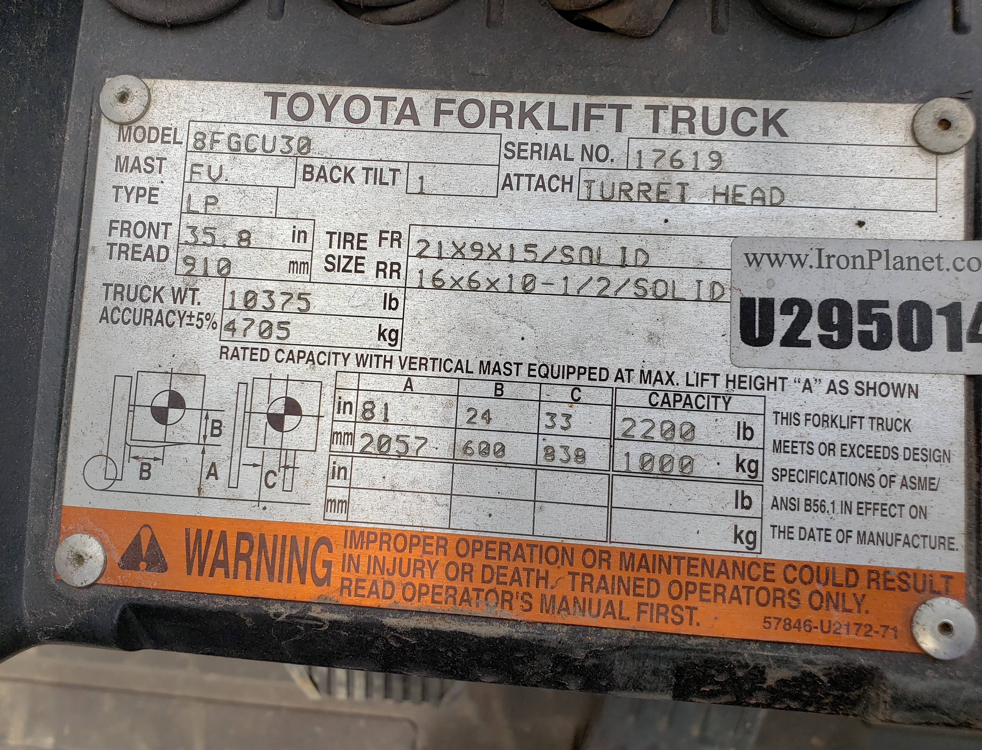 #002 Toyota Turret Truck Model 8FGCU30 - Used - Welter Storage