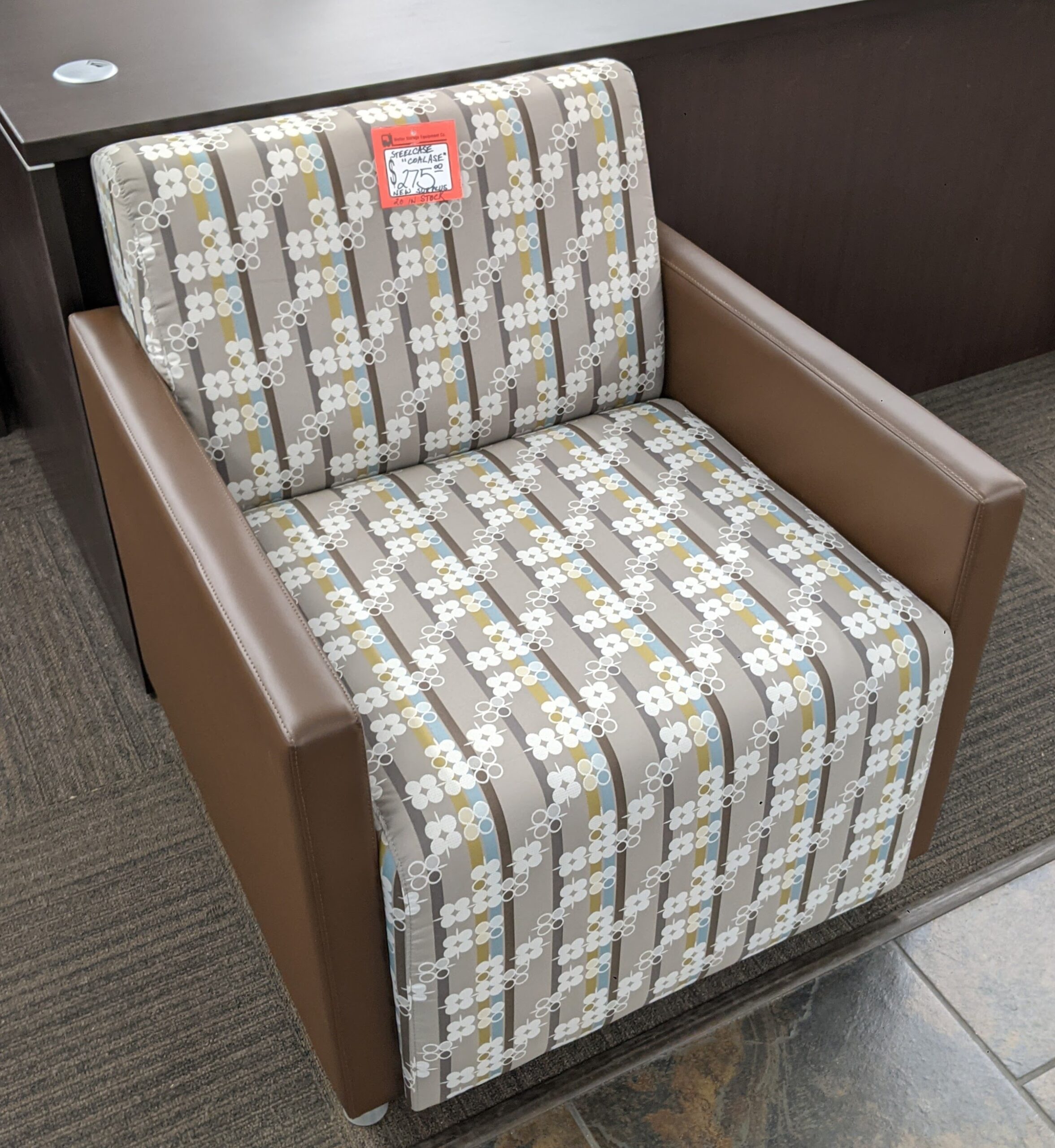 Steelcase "Coalesse" Brown Vinyl / Beige Pattern Fabric Club Chairs ...